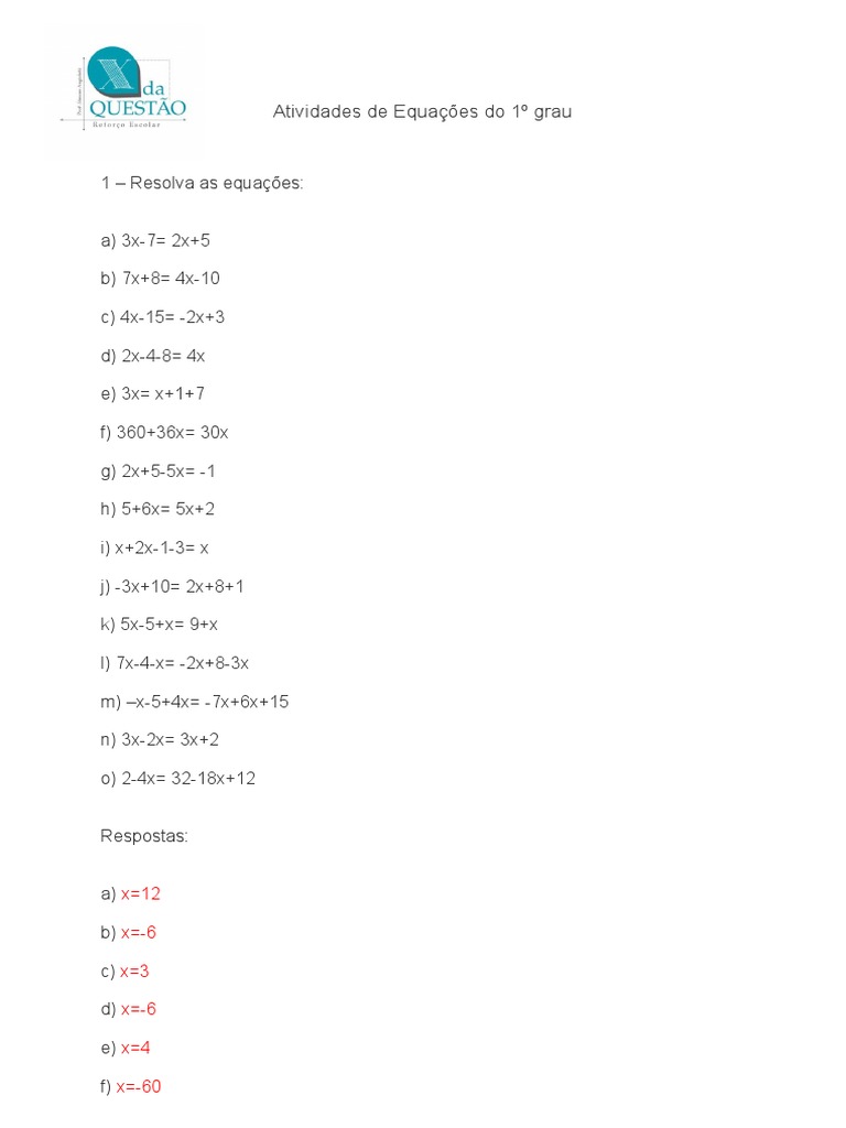 Atividades de Equações Do 1º Grau | PDF