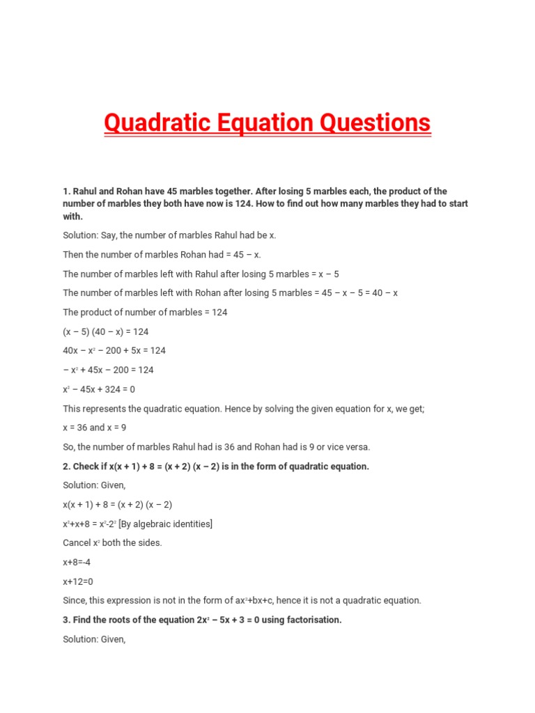 Quadratic Equation Questions | PDF
