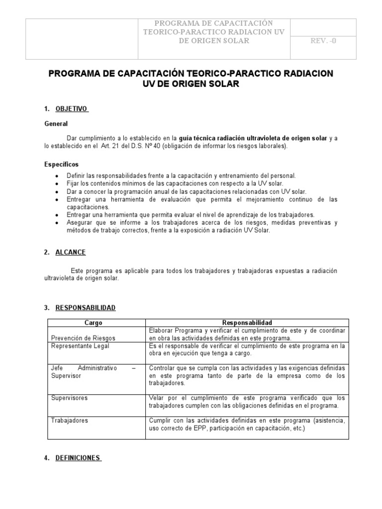 Programa de Capacitacion Teorico-Practico Radiacion Uv de Origen Solar MT Flores Spa | PDF ...
