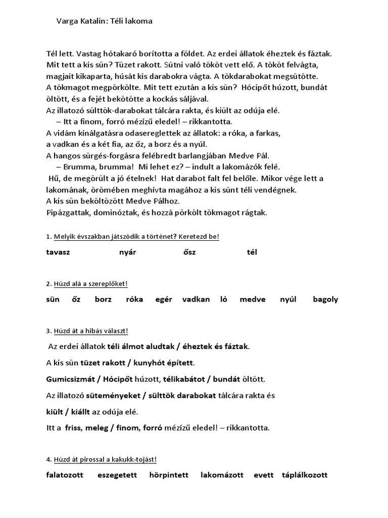 Varga Katalin Téli lakoma szövegértés gyakorlás | PDF