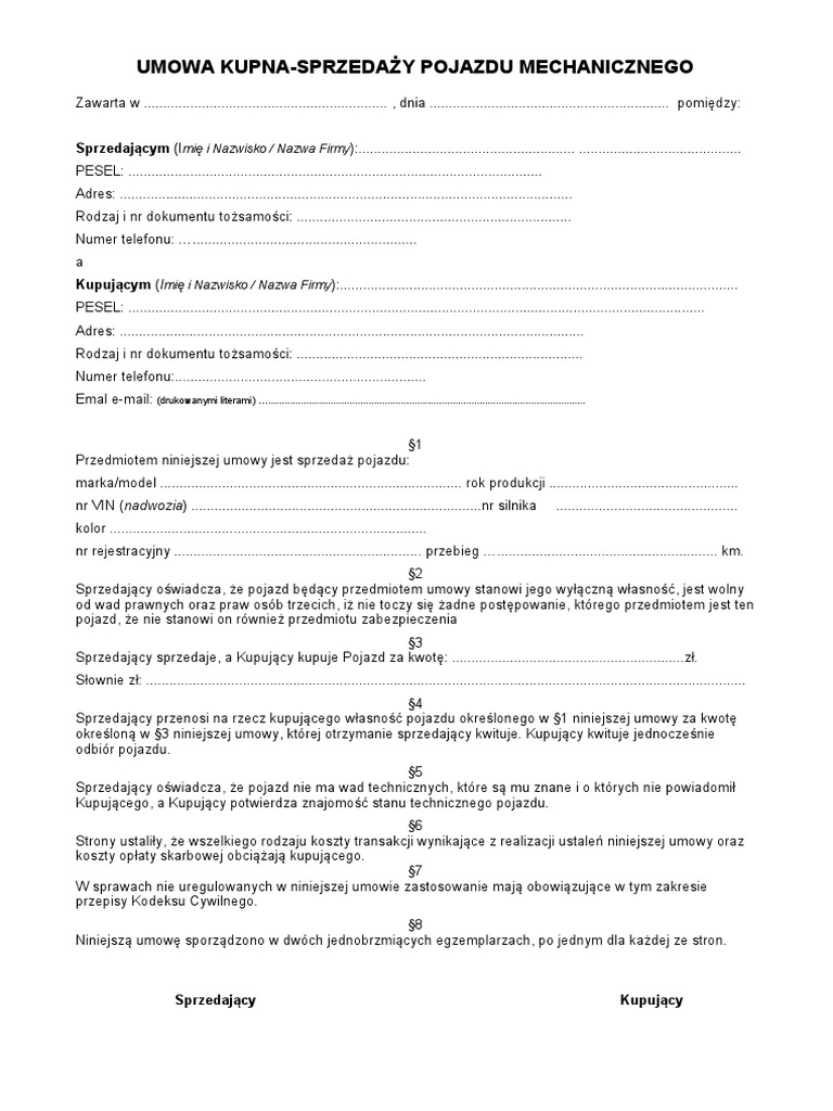 Umowa Kupna Sprzedazy Samochodu | PDF