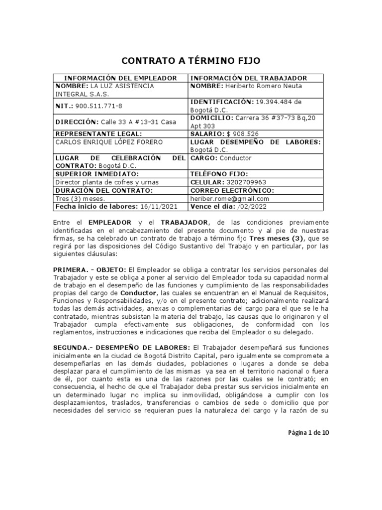 Ejemplo de Contrato A Termino Fijo | PDF