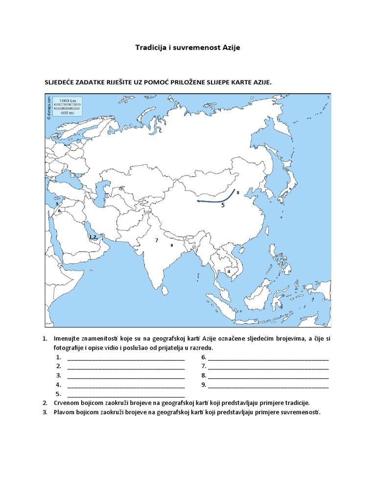 Azija - Slijepa Karta - Znamenitosti 1 | PDF