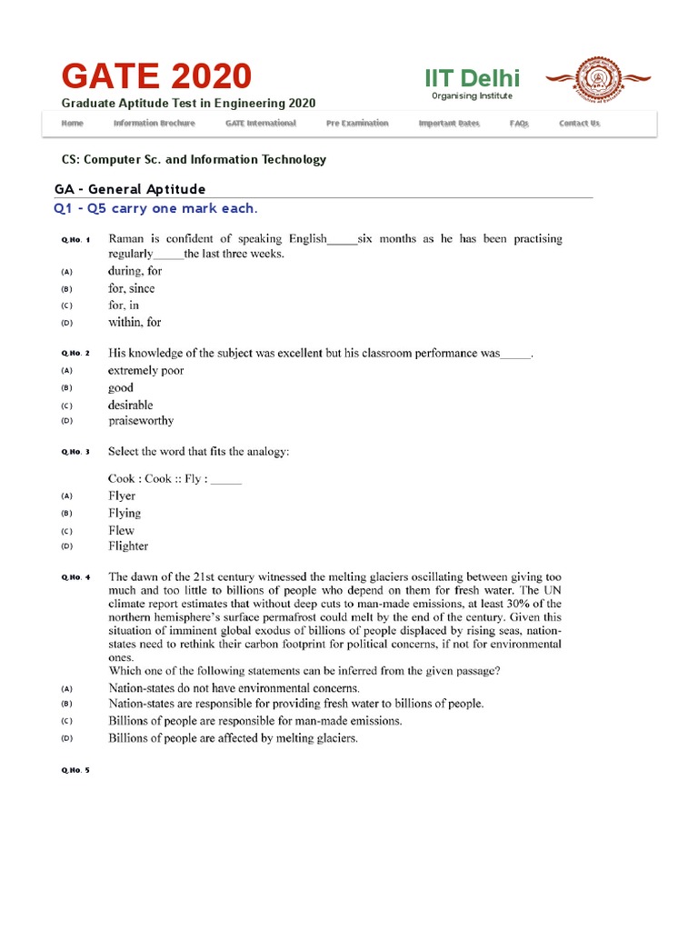 Gate 2020 Cs Question Paper Set 1 | PDF