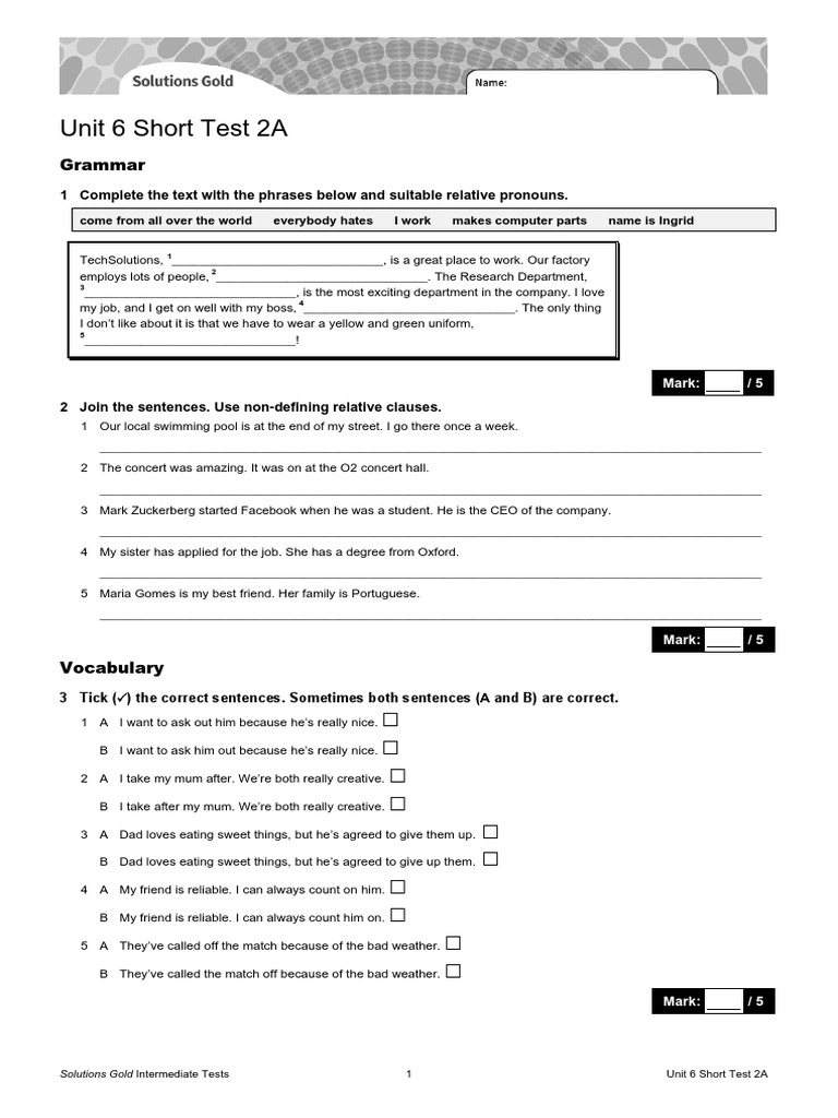 Solutions Gold Intermediate U6 Short Test 2A | PDF | Cognitive Science ...