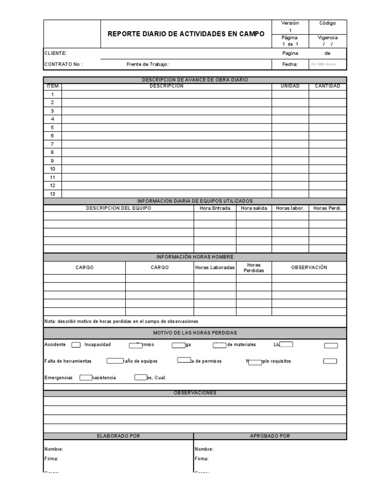 Formato Reporte Diario de Actividades en Campo | PDF