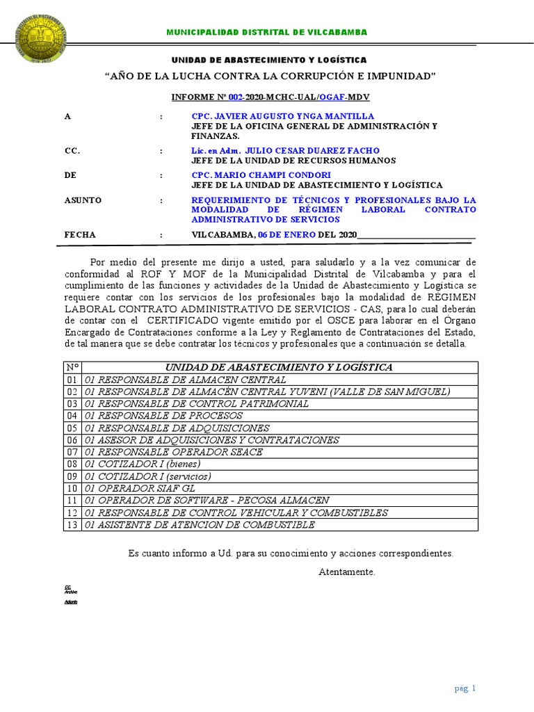Informe 002 Requerimiento de Personal | PDF | Logística