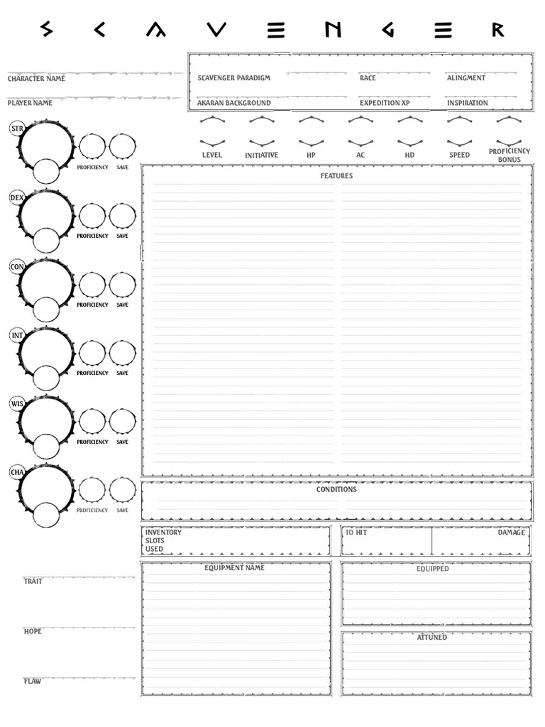 D&D5e Scavenger Character Sheet Fillable Printer Friendly | PDF