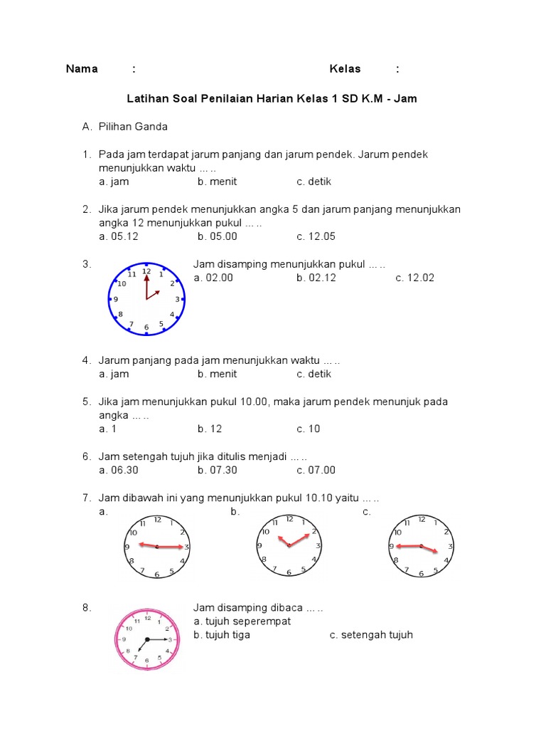 Penilaian Harian Jam Kelas 1 SD Kurikulum Merdeka | PDF