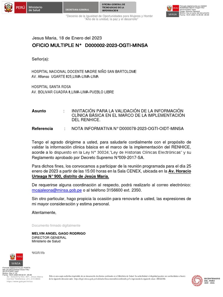 Oficio Multiple-000002-2023-Ogti-minsa Niño San Bartolome | PDF