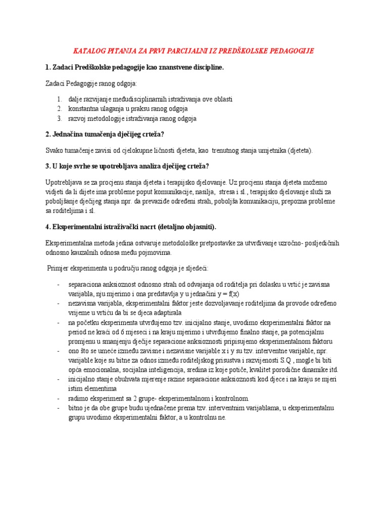 Katalog Pitanja Za Prvi Parcijalni Iz Predškolske Pedagogije | PDF
