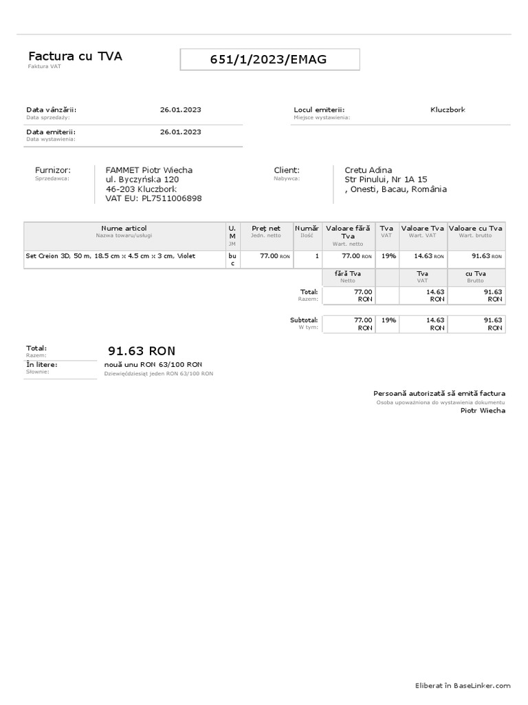 Factura Cu TVA 651/1/2023/EMAG | PDF