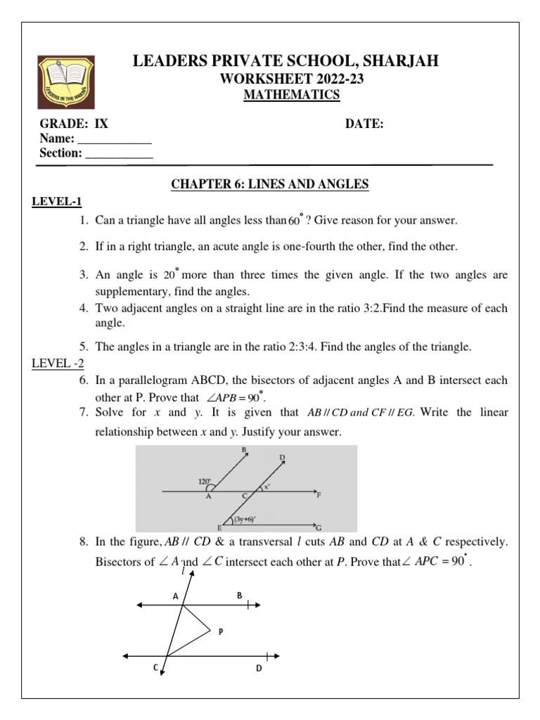 Mathematics Worksheet on Lines and Angles for Grade 9 Students | PDF ...