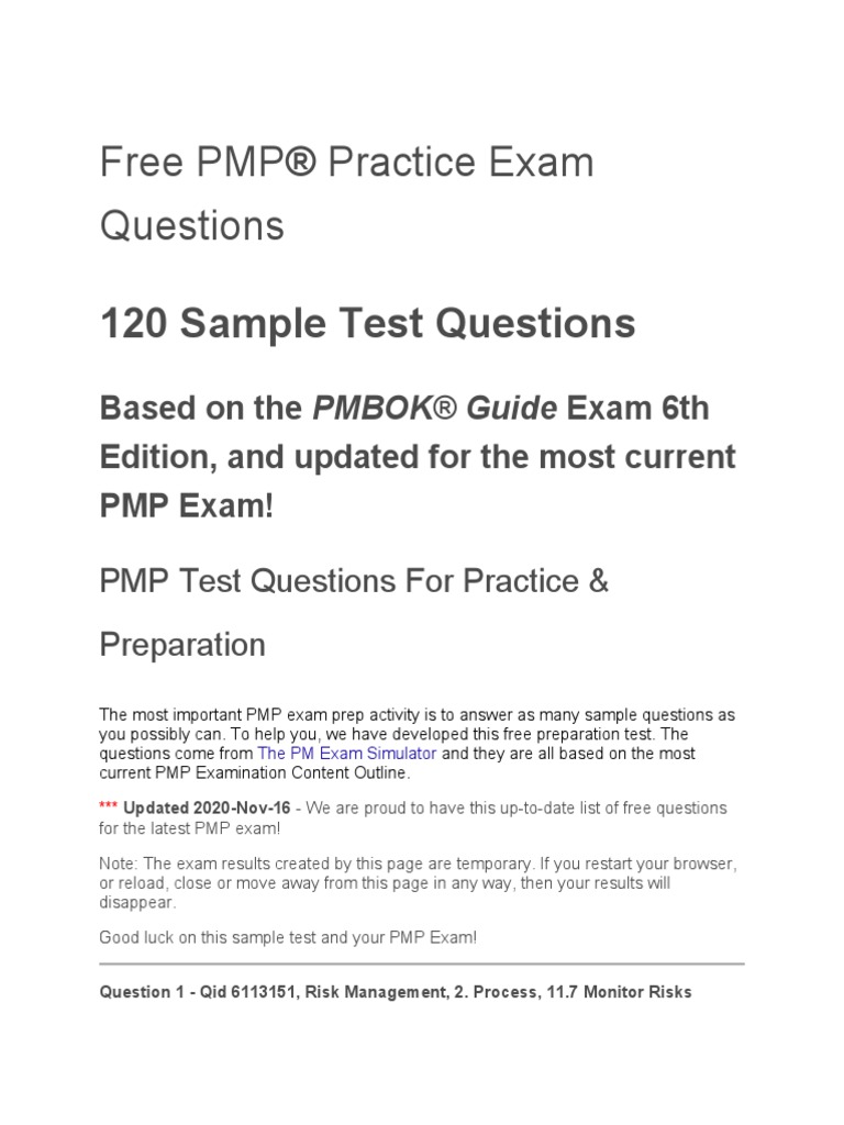 Free PMP® Practice Exam Questions | PDF | Project Management | Risk