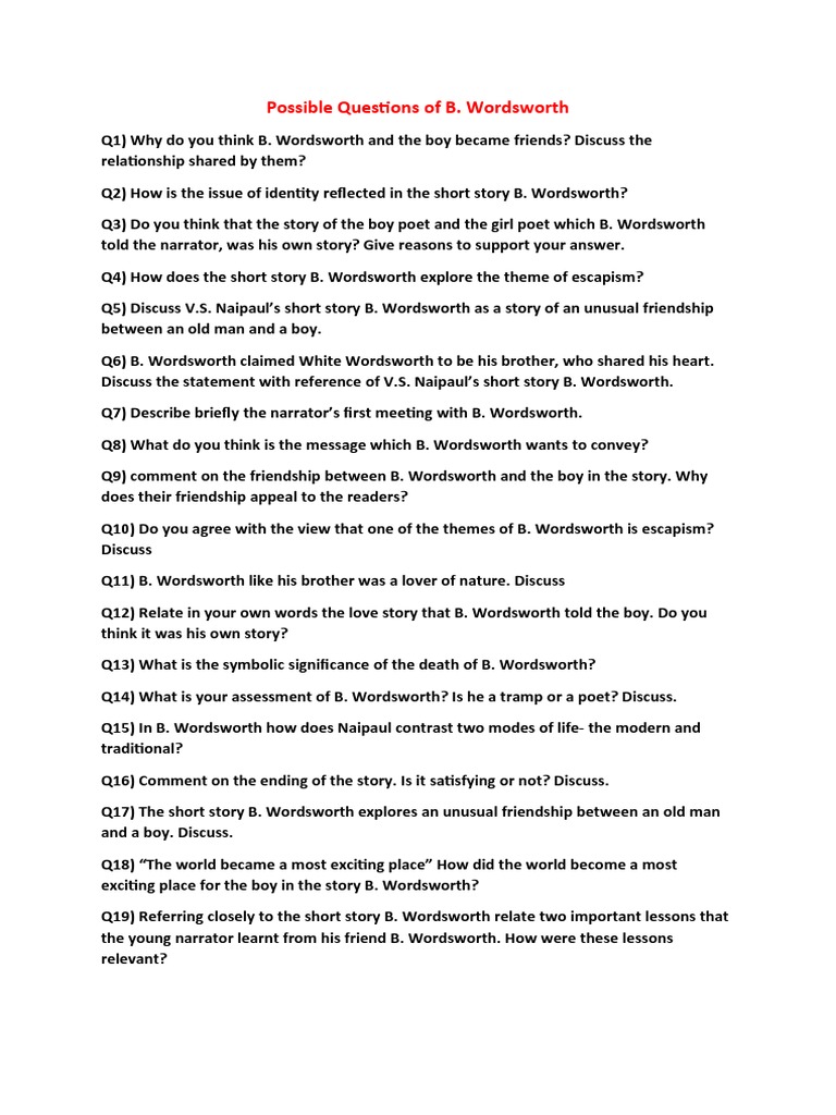 Possible Questions of B. Wordsworth | PDF