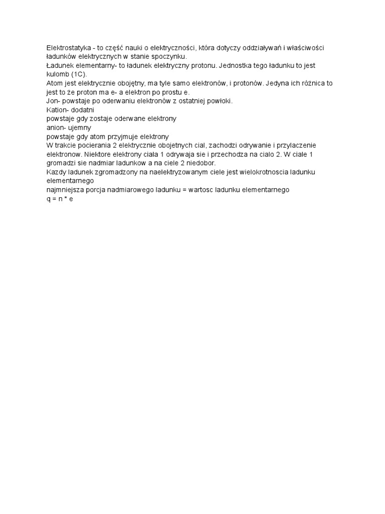 Notatki Fizyka Klasa 8 Elektrostatyka | PDF Notatki Fizyka Klasa 8 Elektrostatyka | PDF