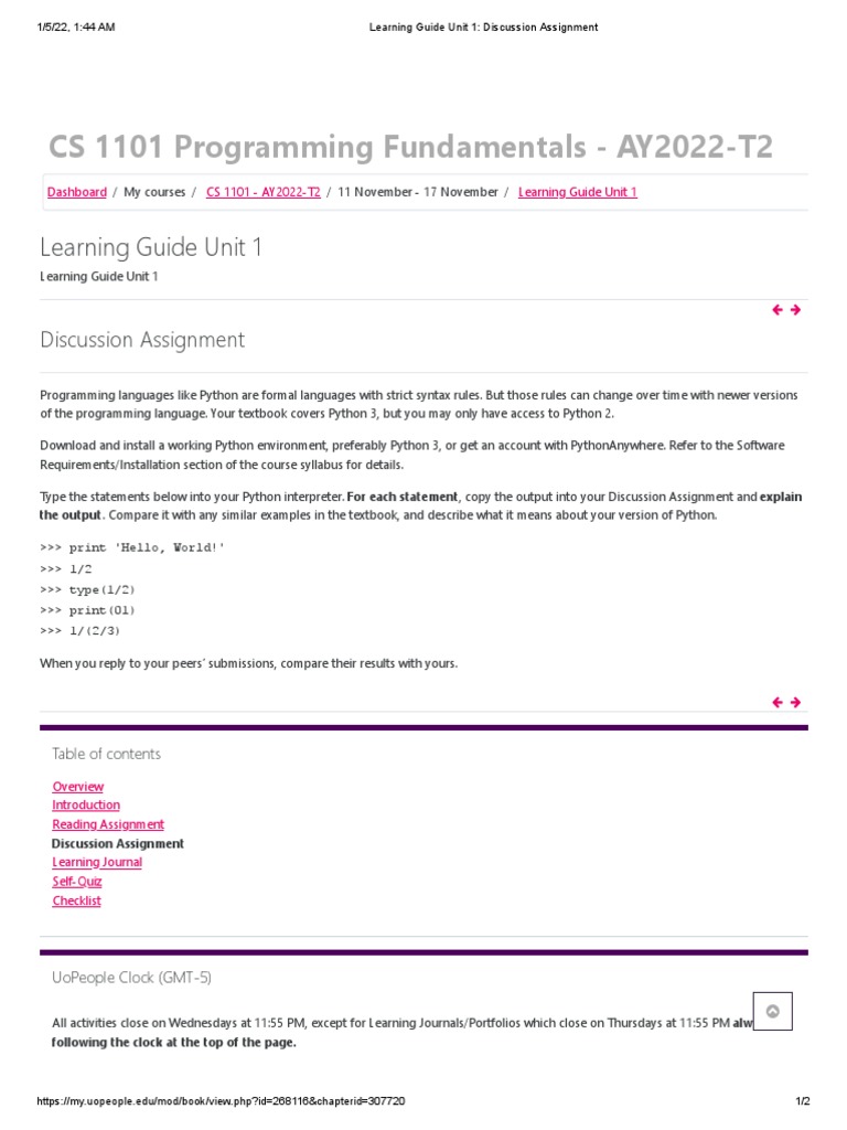 Learning Guide Unit 1 - Discussion Assignment | PDF | Python (Programming Language) | Textbook