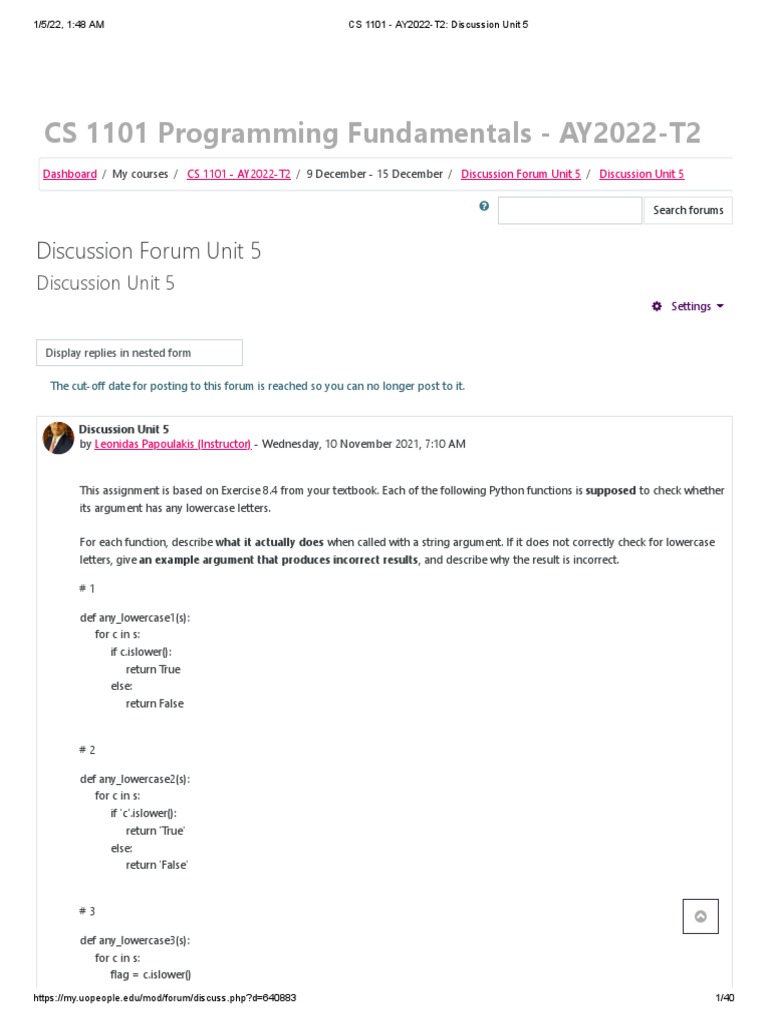 CS 1101 - AY2022-T2 - Discussion Unit 5 | PDF | Computer Programming | Software Engineering