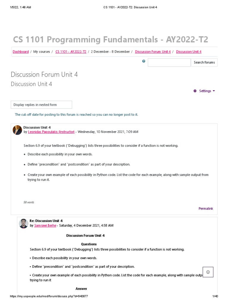 Cs 1101 Ay2022 T2 Discussion Unit 4 Pdf Parameter Computer Programming Subroutine