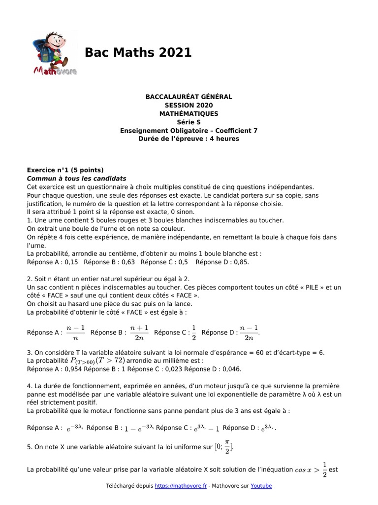 Sujet Bac Maths 2021 Série S | PDF | Courbe | Coordonnées cartésiennes