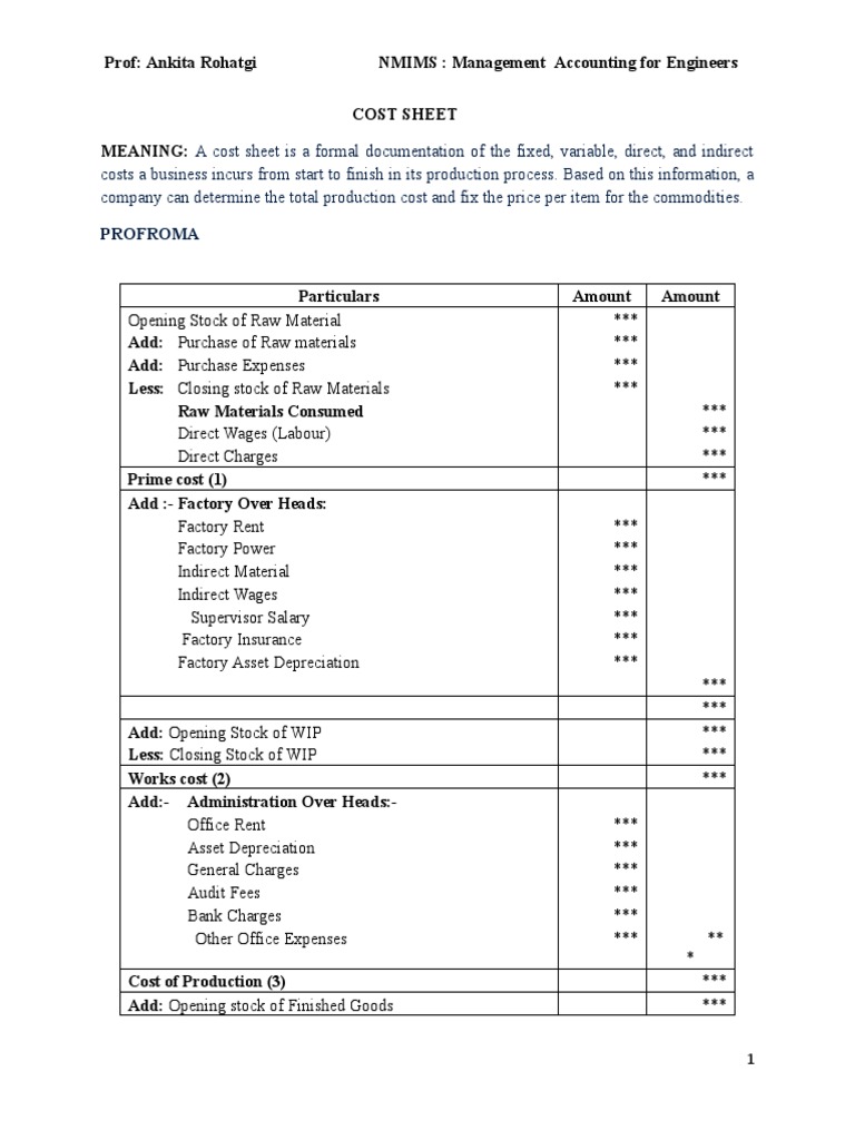 Cost Sheet | PDF
