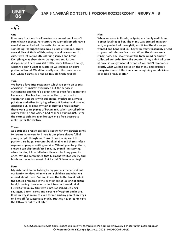 RepetMat U06 Test Audioscript Rozsz A B | PDF | Menu | Restaurants