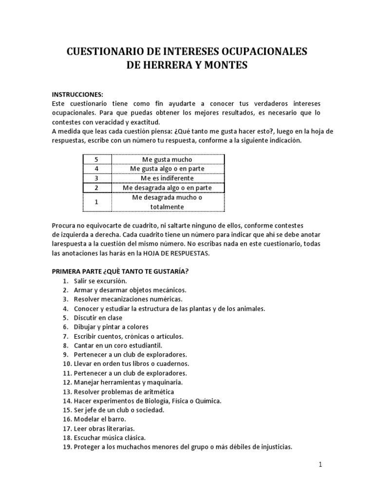 Cuestionario de Intereses y Aptitudes - Herrera y Montes | PDF