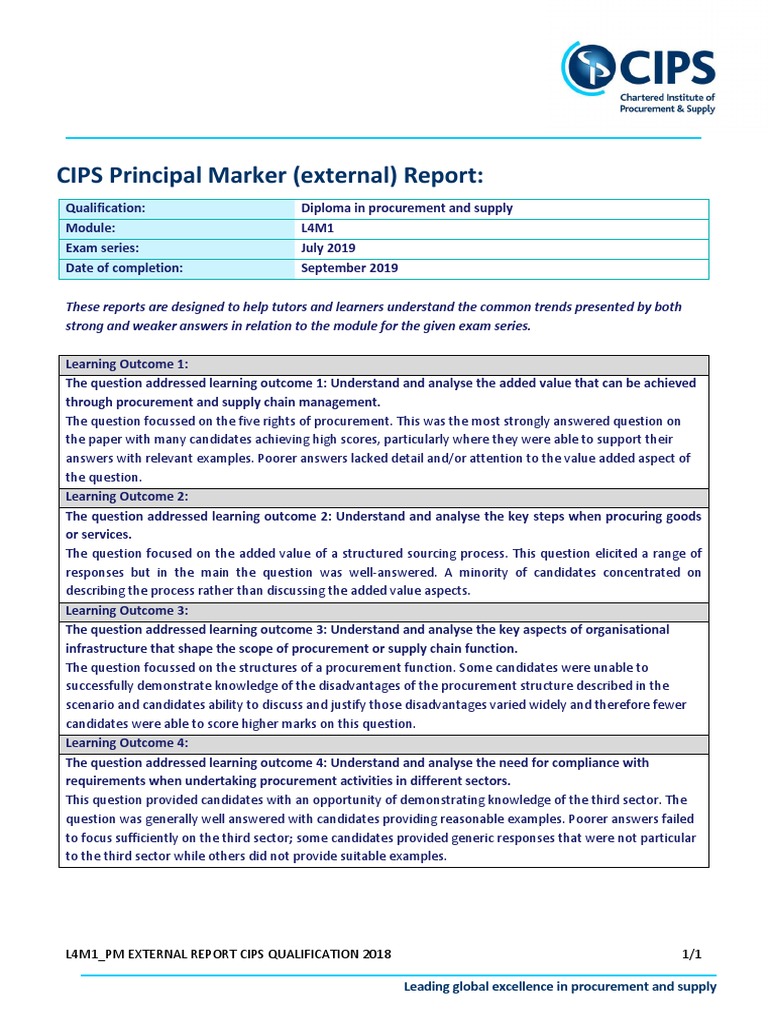 CIPS L4M1 Exam Report July 2019 | PDF | Procurement | Question