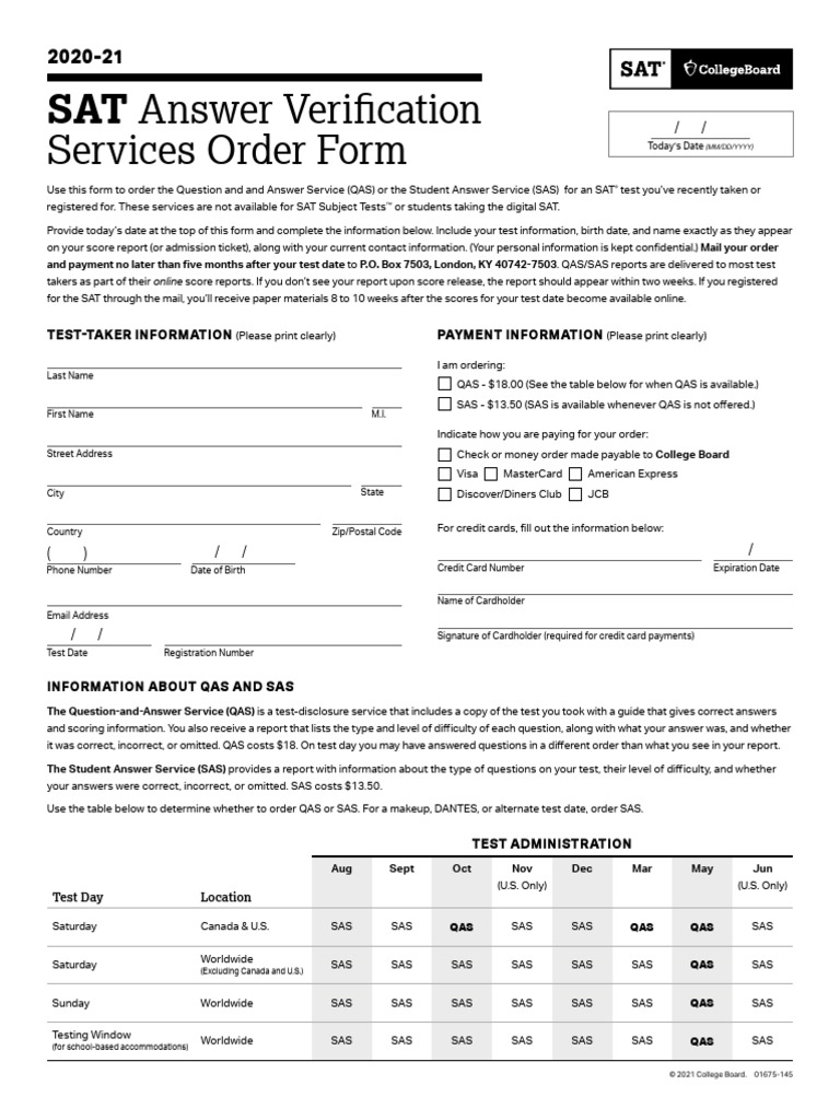 Sat Answer Verification Service Order Form | PDF