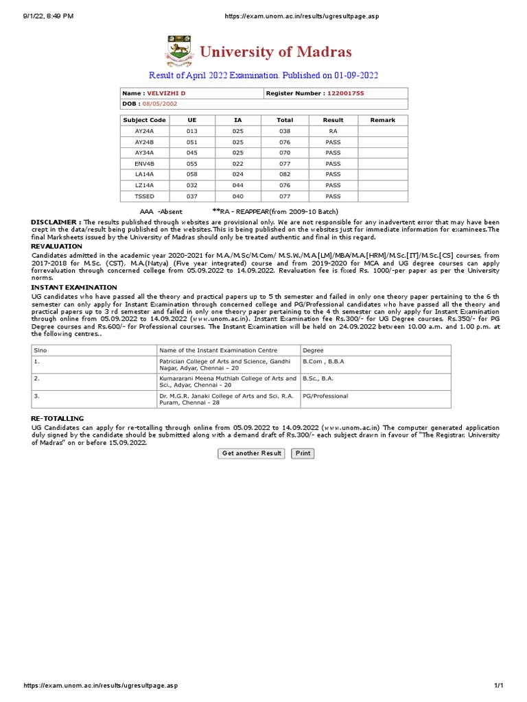 University of Madras: Result of April 2022 Examination. Published On 01 ...