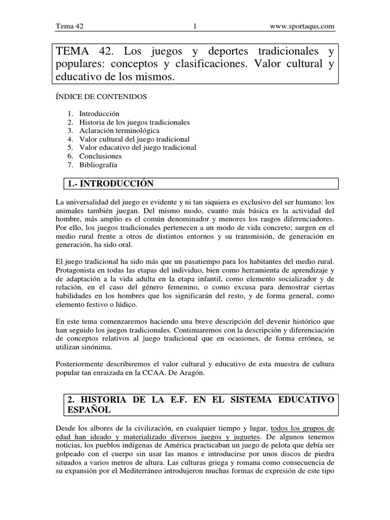 Tema 42 Juegos Tradicionales | Descargar gratis PDF | Aprendizaje | Plan de estudios