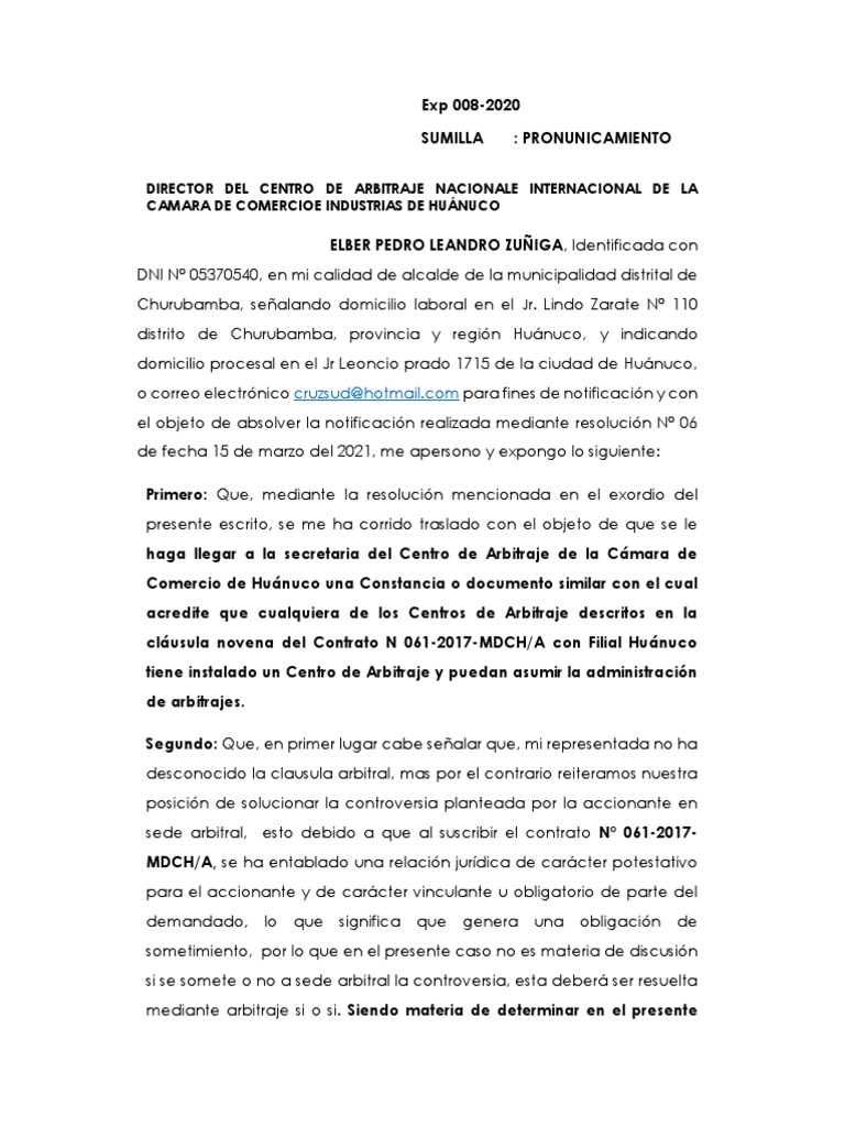 Determinación de institución arbitral para solucionar controversia contractual | PDF | Arbitraje ...