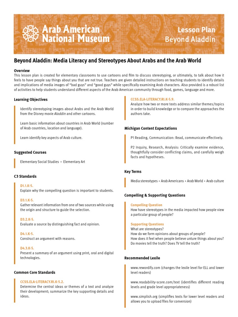 Media Literacy: Stereotypes in Aladdin | PDF | Stereotypes | Lesson Plan