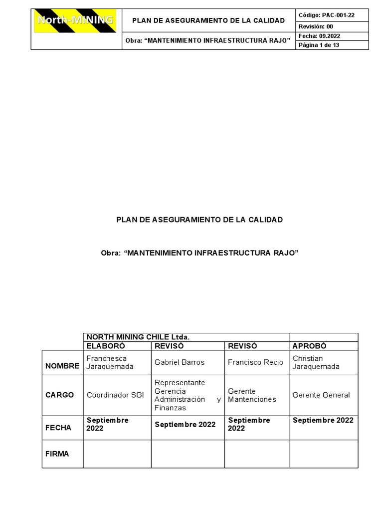 2022-09-02 PAC-001-2022 Plan Aseguramiento Calidad RAJO Rev 4 | PDF | Calidad (comercial ...