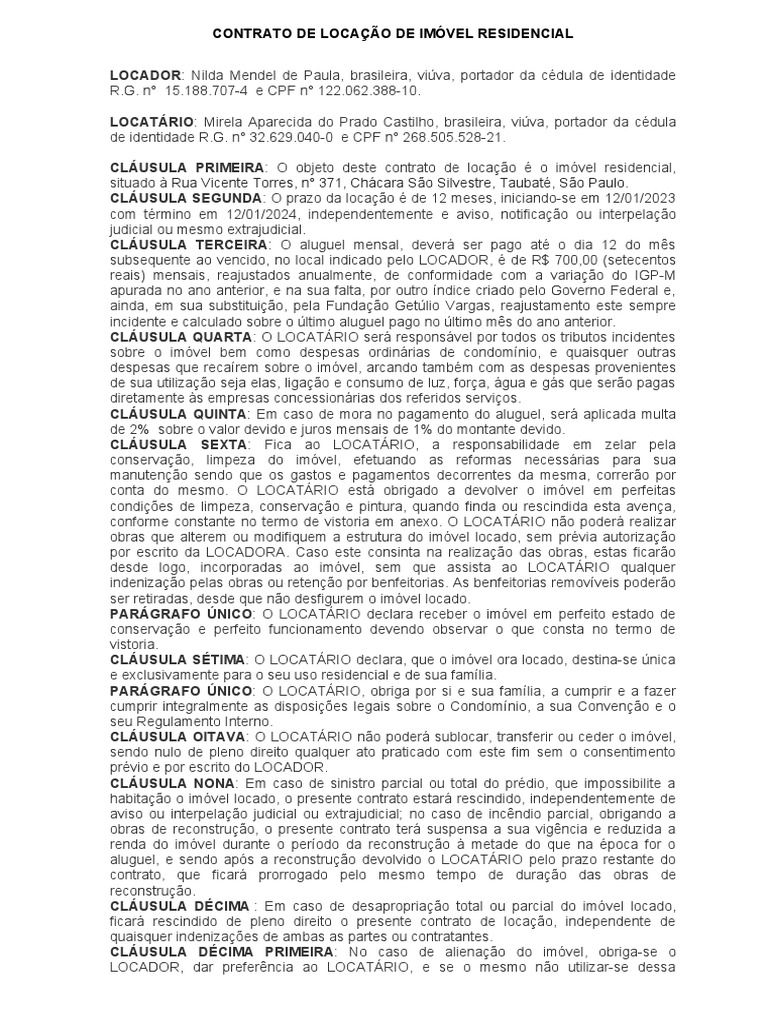 Contrato de Locação Residencial em Taubaté | PDF | Aluguel | Indenização