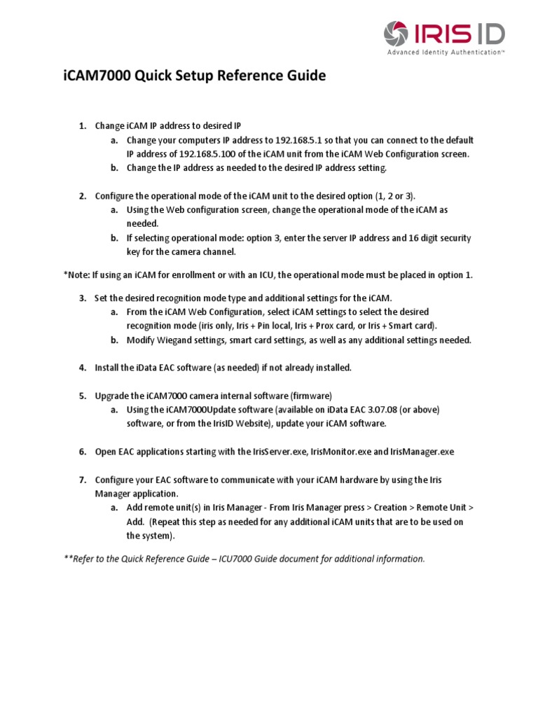 ICAM7000 Quick Setup Reference Guide | PDF