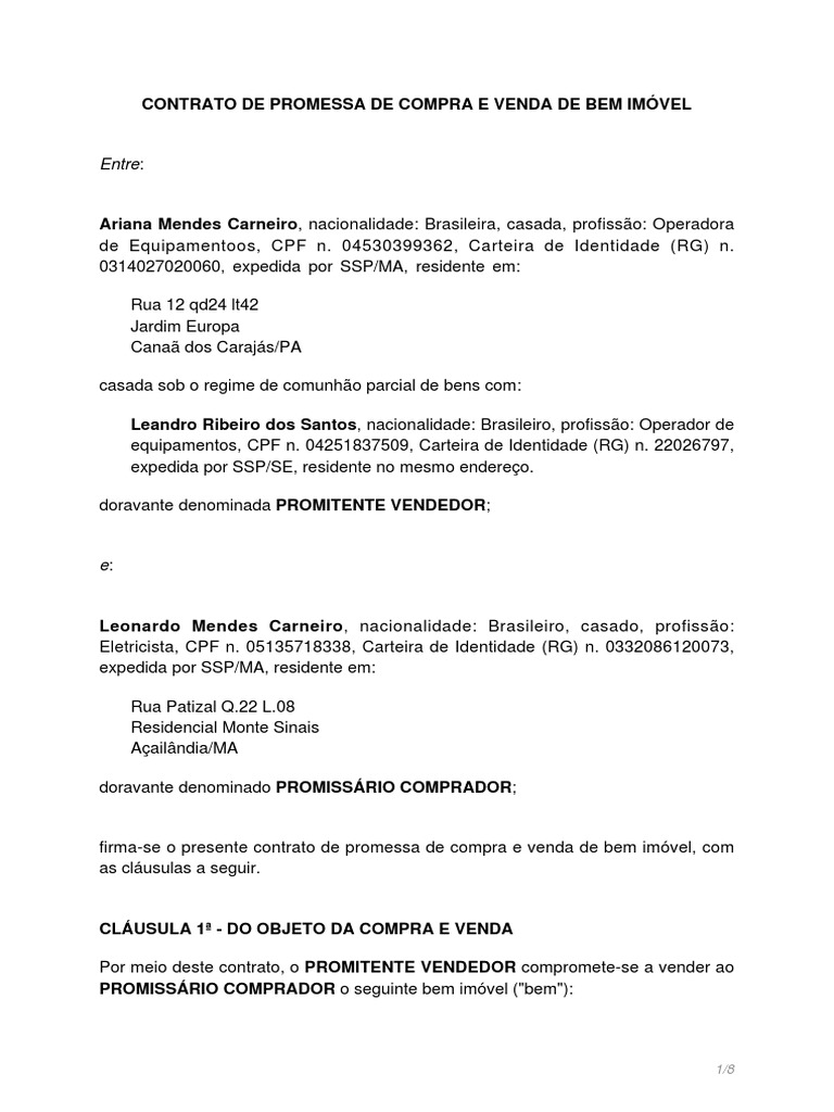 Contrato de Promessa de Compra e Venda de Imovel | PDF | Indenização ...