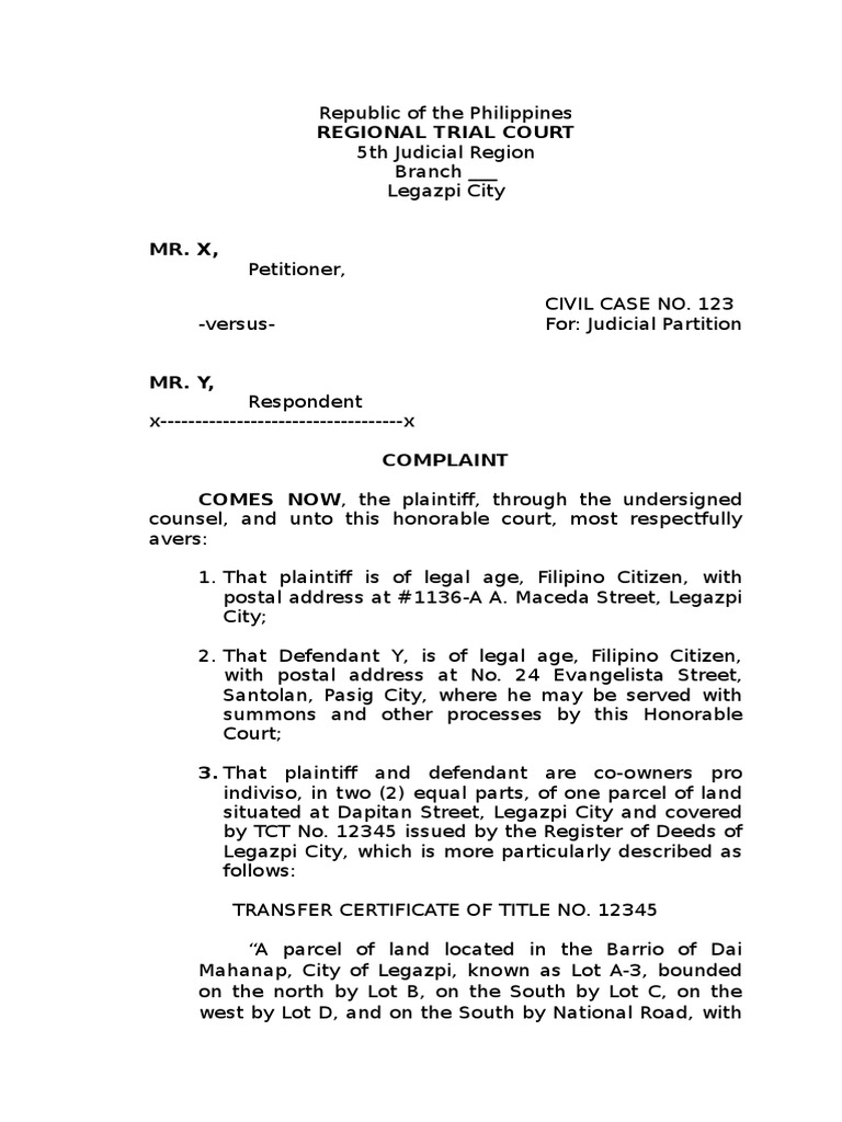Judicial Partition Sample - Compress | PDF | Lawsuit | Complaint