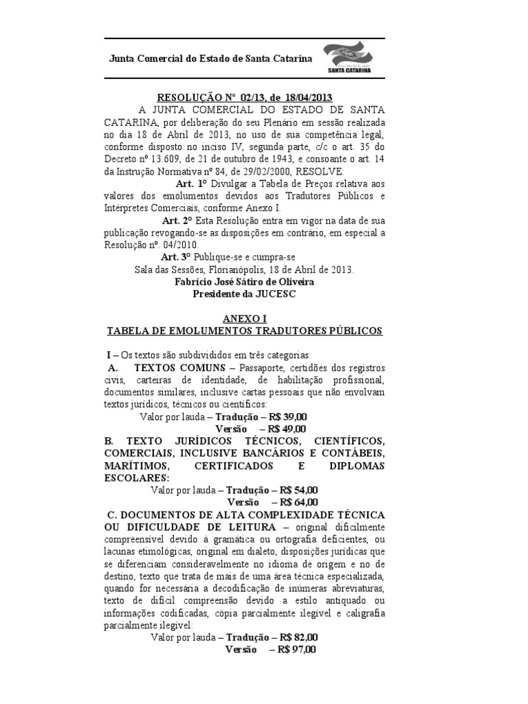 Resolução da Junta Comercial de SC define tabela de emolumentos para ... Resolução da Junta Comercial de SC define tabela de emolumentos para ...