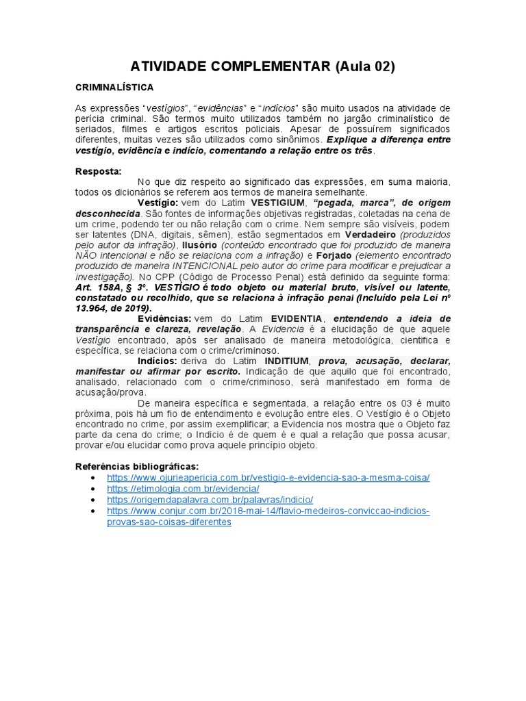 AULA 02 - Atividade Complementar (Criminalística) | PDF | Crimes | Crime e violência