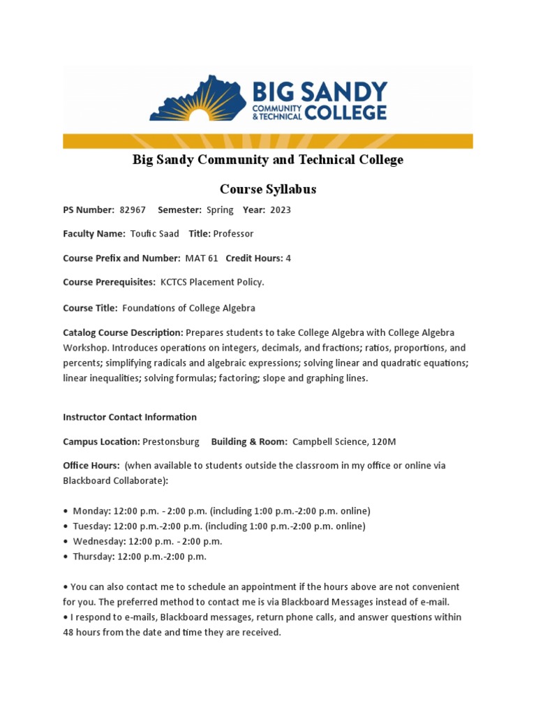 Syllabus-MAT 61-Online Spring 2023 | PDF | Polynomial | Equations