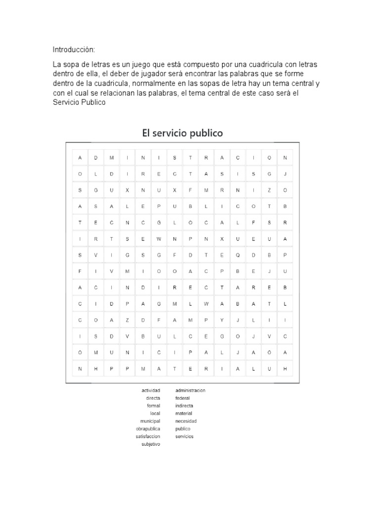 Actividad Sopa de Letras Servicio Publico | PDF