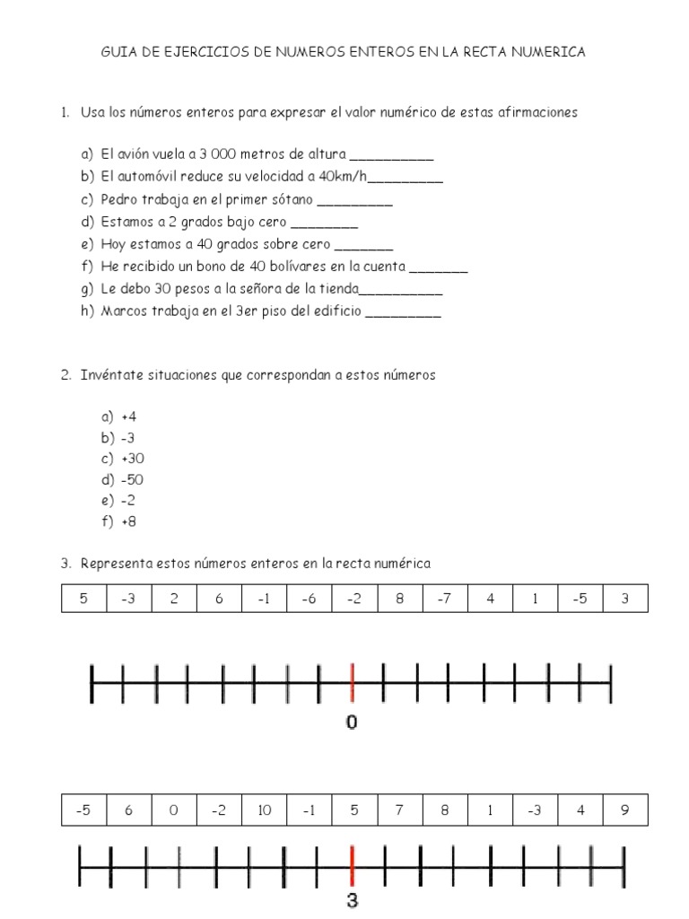 Guia de Ejercicios de Numeros Enteros en La Recta Numerica | PDF