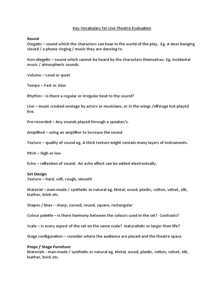 Vocabulary For Live Theatre Evaluation | PDF | Sound