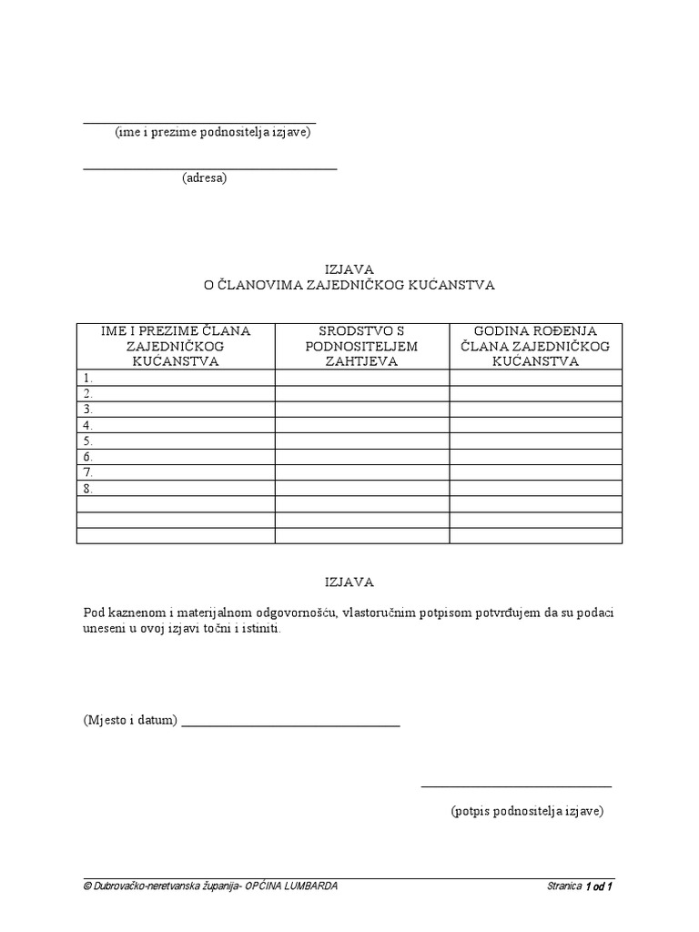 Izjava o Clanovima Zajednickog Kućanstva 1 | PDF