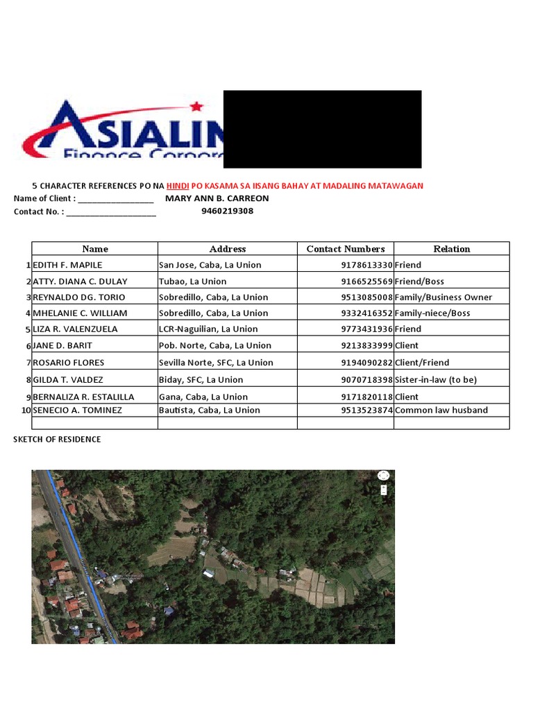 Character References for Mary Ann B. Carreon including Names, Addresses ...