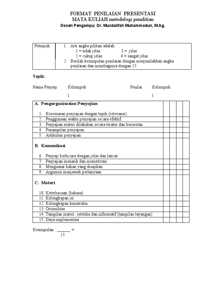 Format Penilaian Metodologi Penelitian Selasa 2800a | PDF