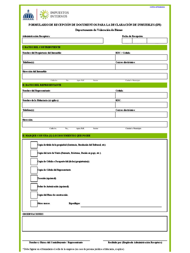 Formulario Recepción Documentos para La Declaración de Inmuebles (IPI ...