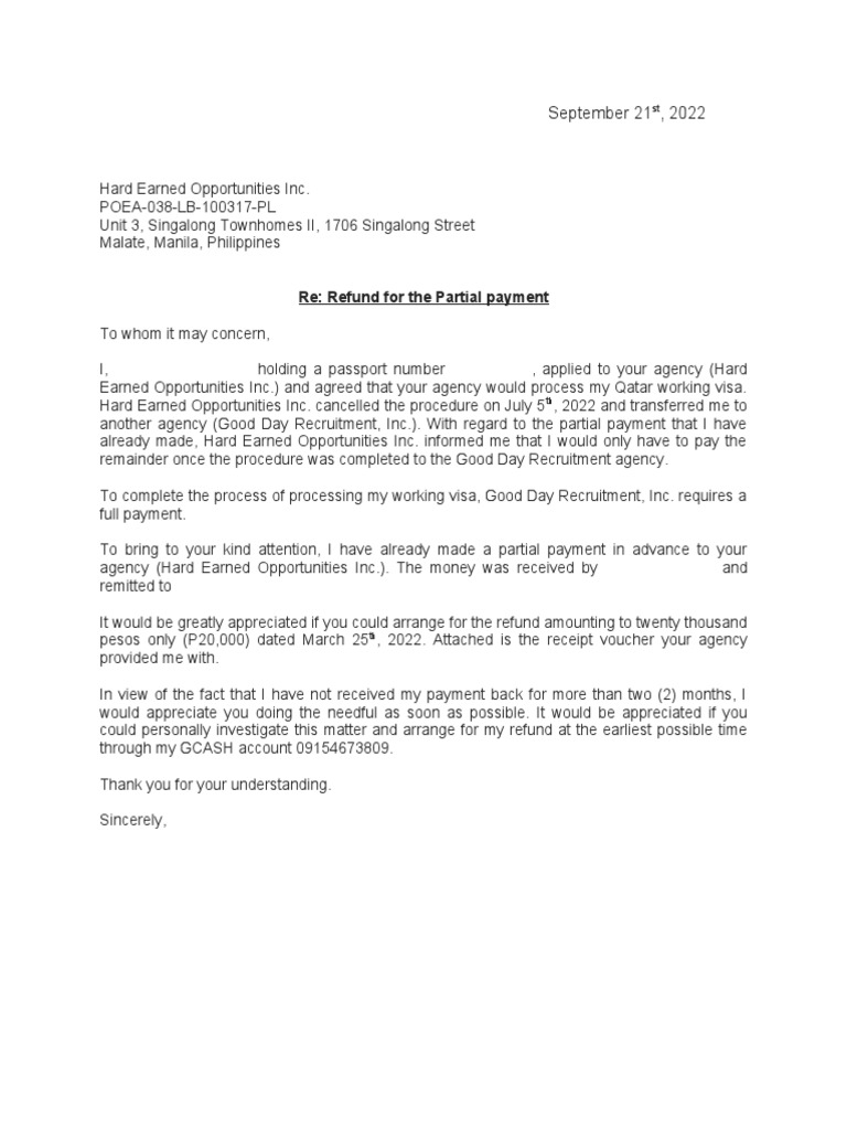Letter - Refund of Money | PDF