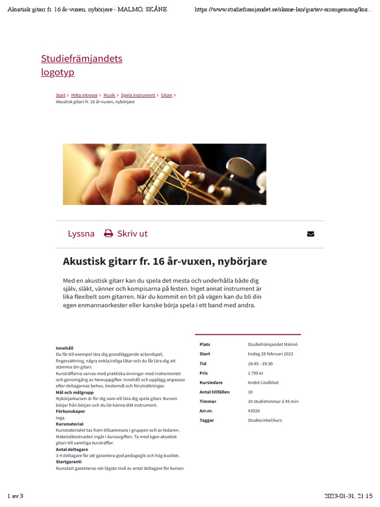 Akustisk Gitarr Fr. 16 År-Vuxen, Nybörjare - MALMÖ, SKÅNE | PDF